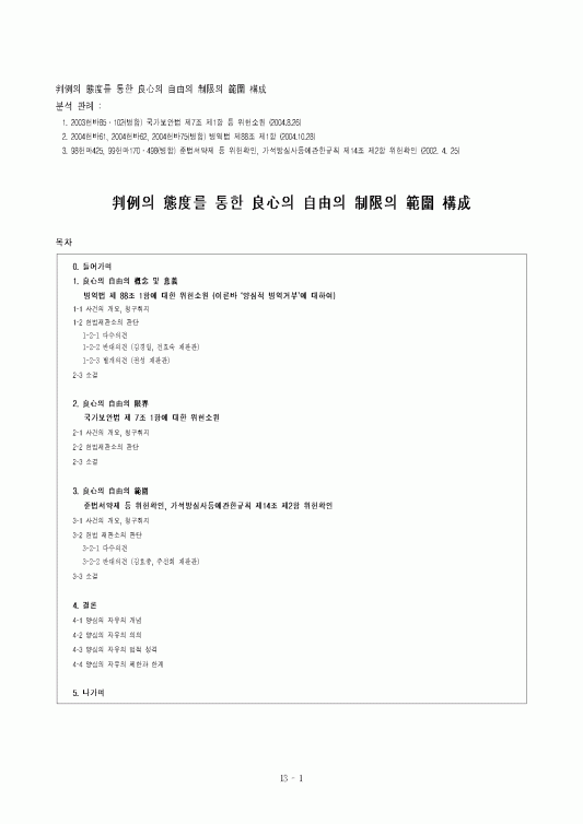 판례의 태도를 통한 양심의 자유의 제한의 범위구성