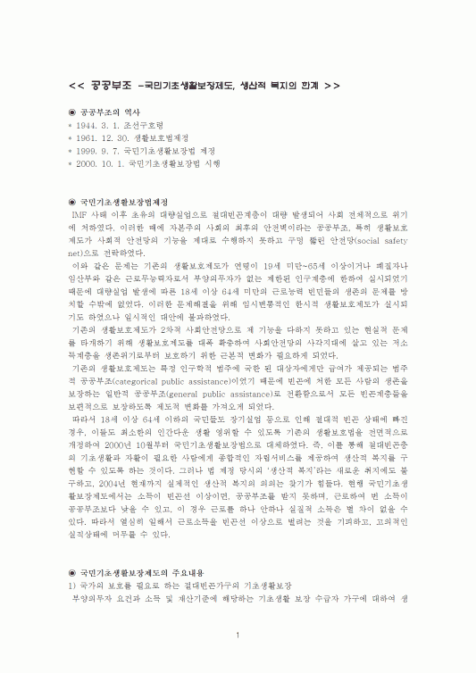 공공부조 -국민기초생활보장제도, 생산적 복지의 한계