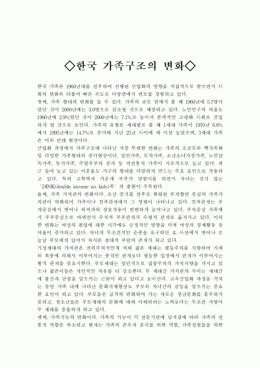 한국 가족구조와 효사상 변화
