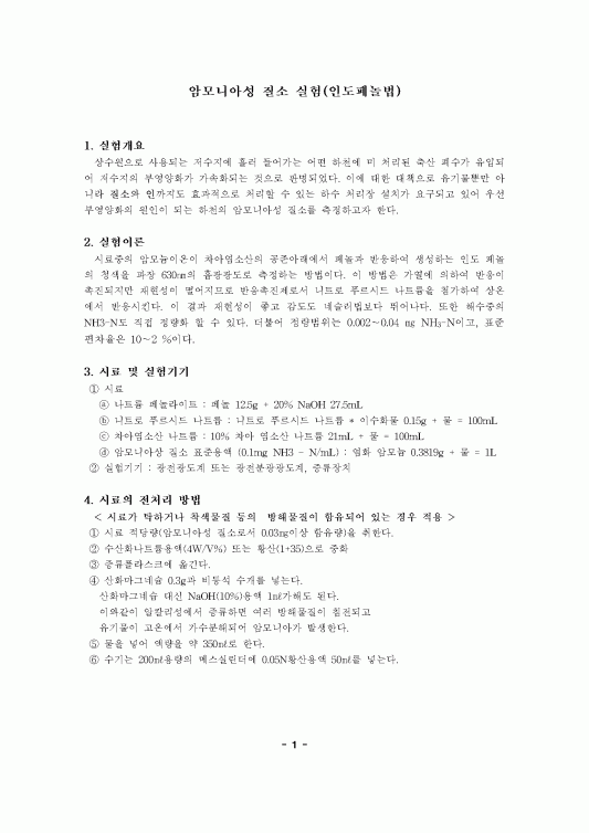 암모니아성 질소 실험(인도페놀법)