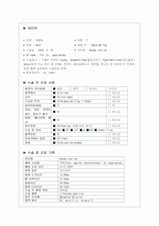 수술장 case study - myoma uterine, TVH(문헌고찰 포함)