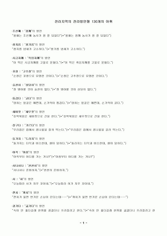 전라지역의 전라방언형 130개의 어휘