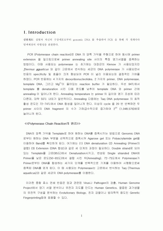구강세포 genomic DNA를 추출, PCR을 통해 염색체 다형성관찰