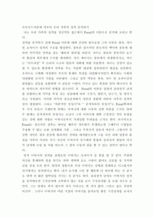 프로이드 이론에 비추어 우리가족의 성격 분석하기