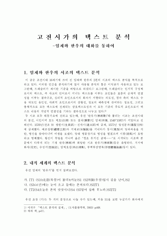 고전시가의 텍스트 분석 - 임제와 한우의 대화를 통하여