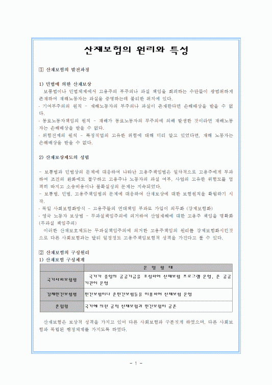 [사회보장론] 산재보험의 원리와 특성