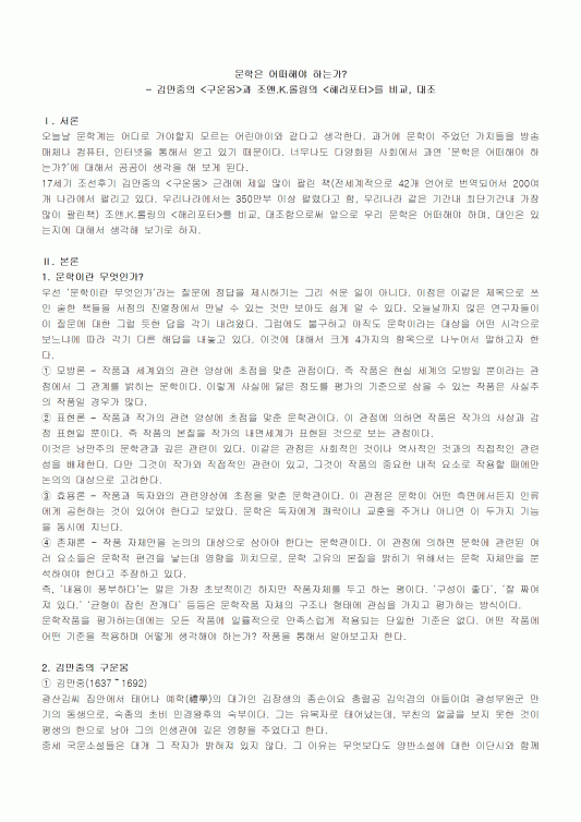문학은 어떠해야 하는가?- 김만중의 구운몽과 조앤.K.롤링의 해리포터를 비교, 대조