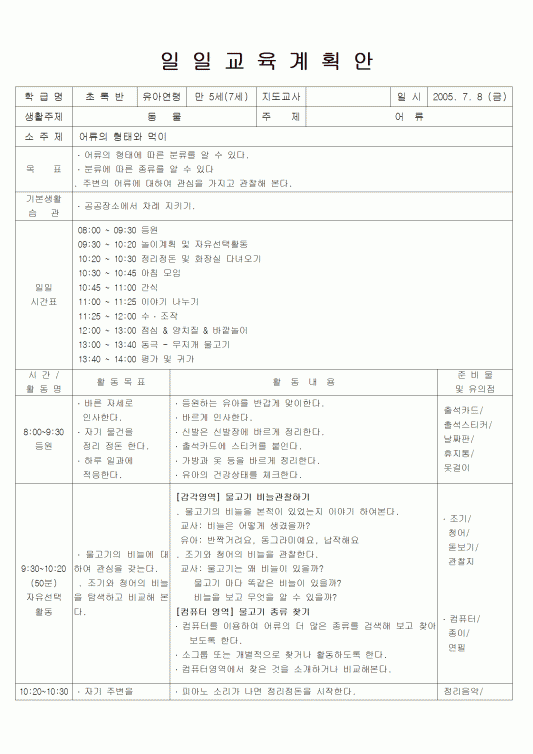 어류를 주제로 한 몬테소리 일일교육계획안