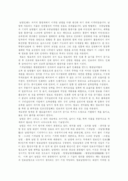 날염인쇄는 과거의 틀염색에서 시작한 남염을 다량 생산화 하기 위해 시작되었습니