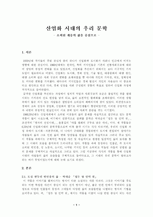 산업화 시대의 우리 문학- 소외된 계층의 삶을 중심으로 -