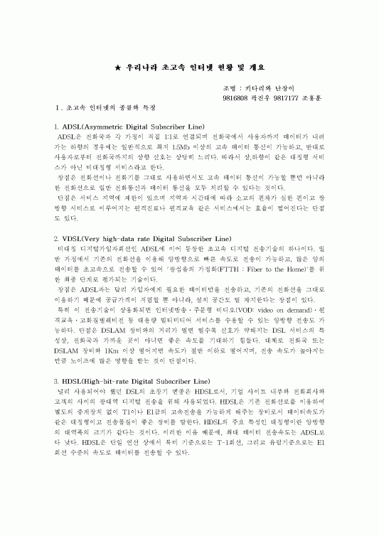 우리나라 초고속 인터넷 현황 및 개요