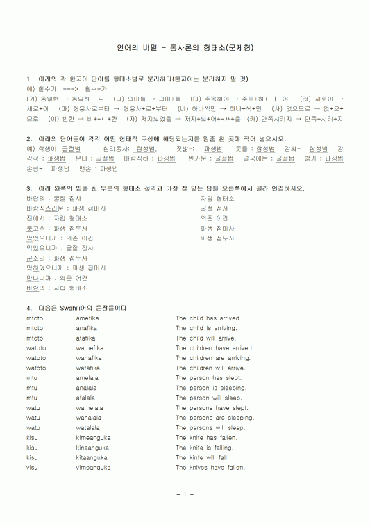 언어의 비밀 통사론의 형태소(문제형)