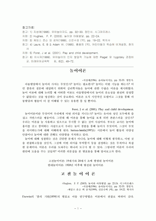 유아놀이이론에 대한 고전적이론과 현대이론에 대해 논하시오.