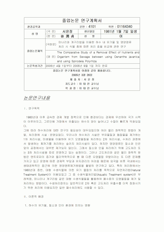 미나리와 개구리밥을 이용한 수처리 시 효율에 관한 연구