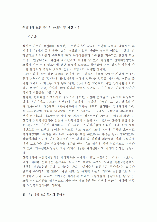 우리나라 노인복지의 문제점 및 개선방안
