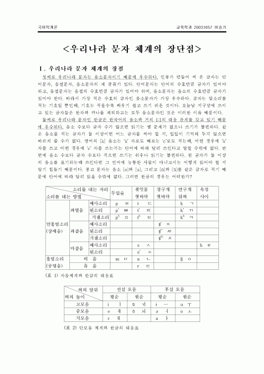 우리나라 문자체계의 장단점