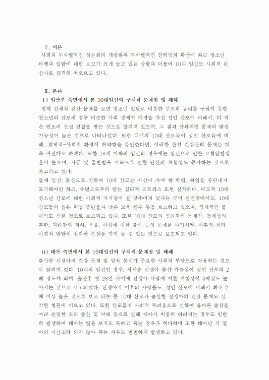 10대의 임신 폐해 및 대책방안