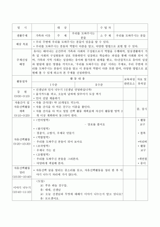 가족과 이웃을 생활주제로 한 올데이 계획안