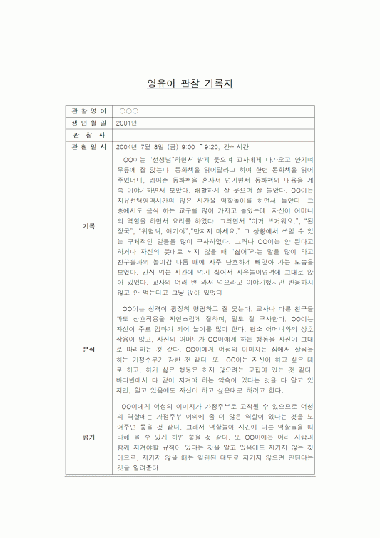 영유아 관찰일지 사례