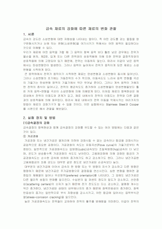 금속 재료의 강화에 따른 재료의 변화 관찰