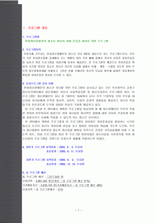 (프로포절) 만성정신질환자의 청소년 자녀의 자아 존중감 향상을 위한 프로그램