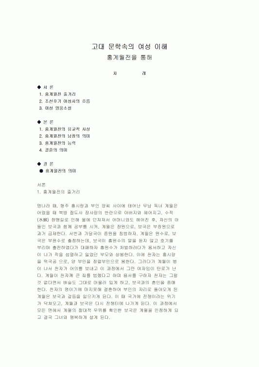 고대 문학속의 여성 이해 / 홍계월전을 통해