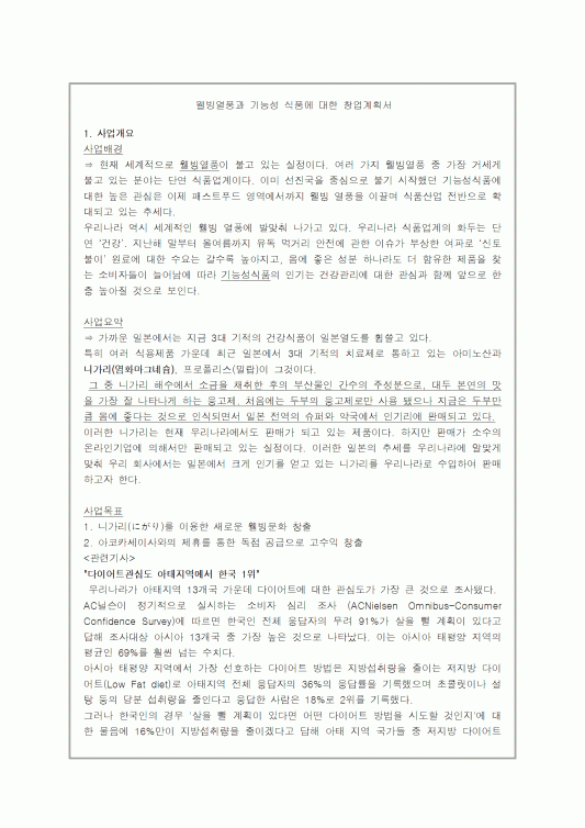 웰빙열풍과 기능성 식품에 대한 창업계획서