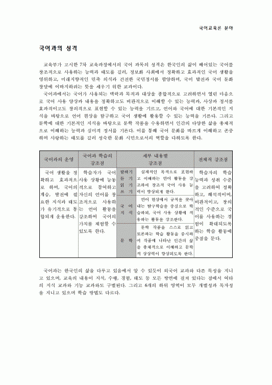 국어과의 체제 및 교육 목표