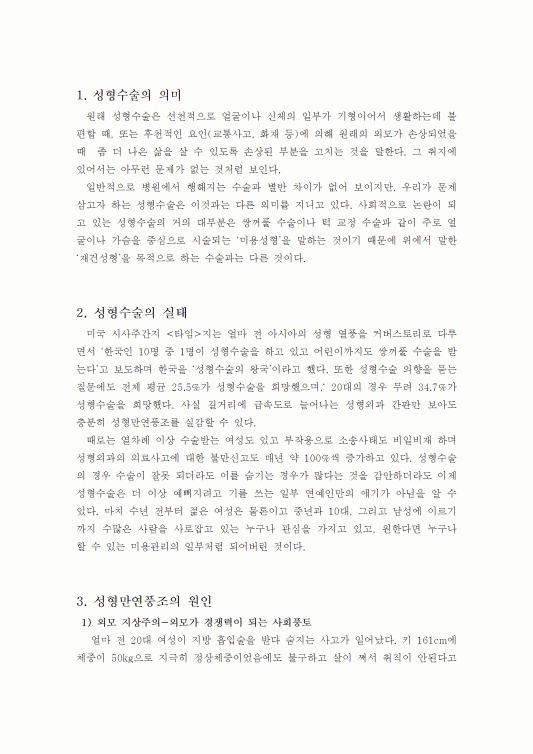 성형만연풍조의 원인, 문제점 및 해결방안