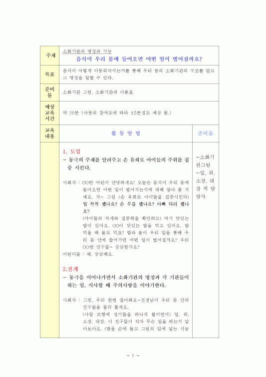 유치원 소화기계 보건교육안