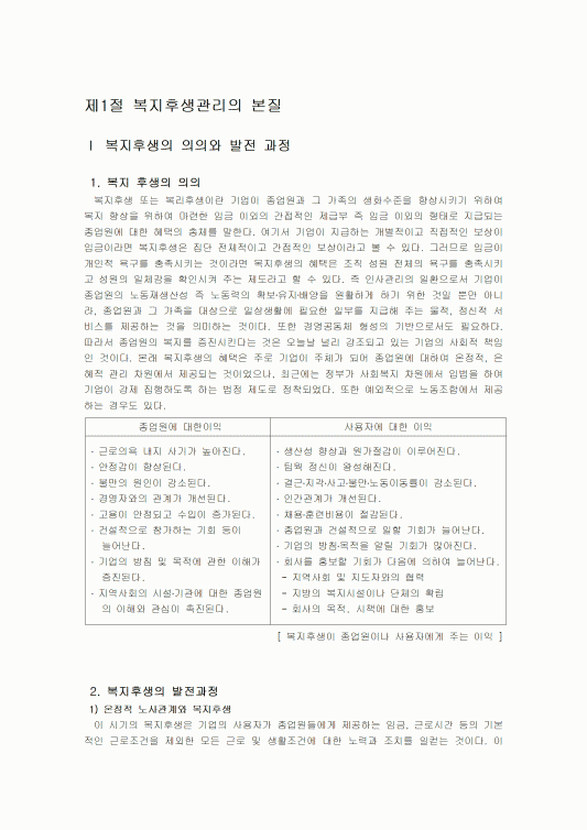 복지후생관리의 본질 유형과 내용
