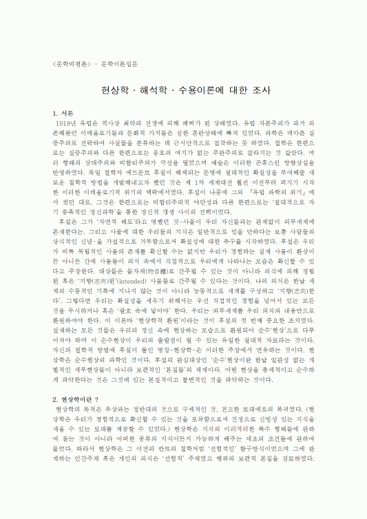 [문학비평론] 현상학 해석학 수용이론에 대한 조사