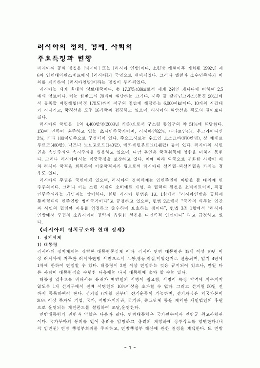 러시아의 정치, 경제, 사회의 주요특징과 현황