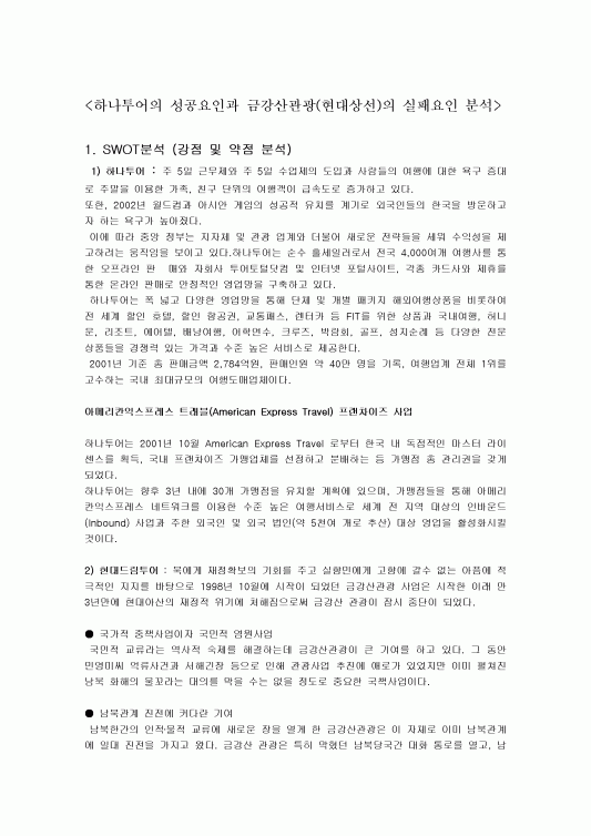 하나투어의성공요인과현대상선의실패요인