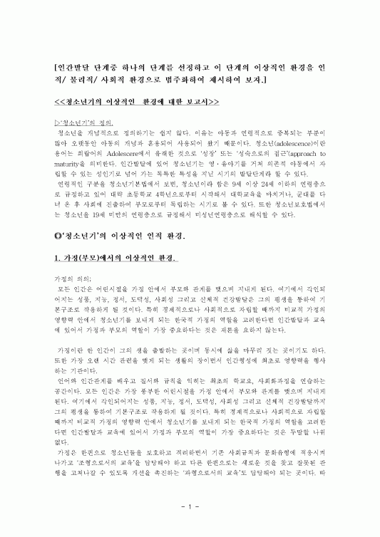 청소년기의 이상적인 환경에 대한 보고서