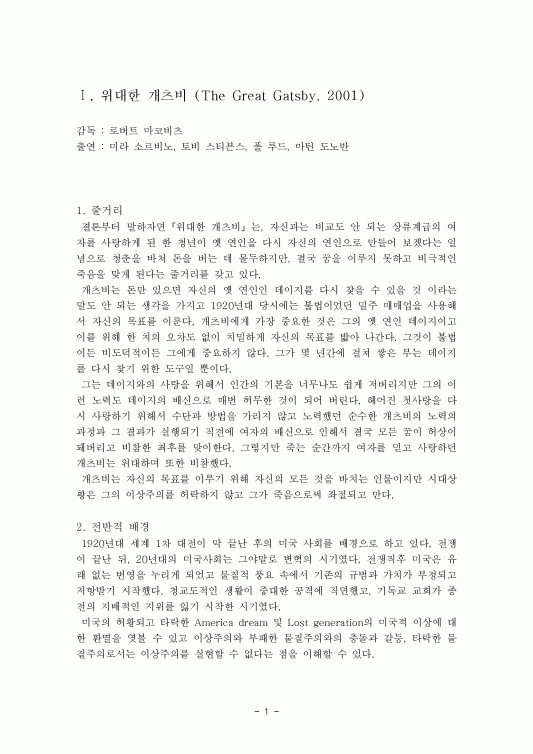 미국 역사에 관한 영화 보고 감상문 쓰기(JFK, 풀메탈자켓, 위대한 개츠비)