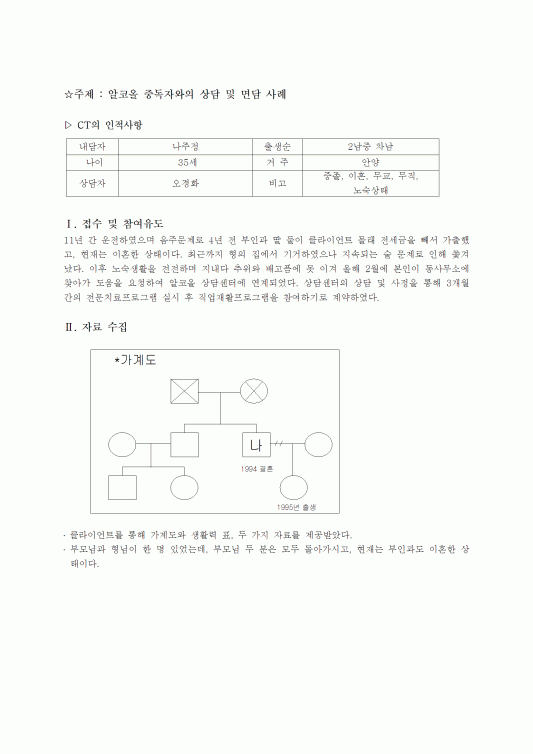주제 : 알코올 중독자와의 상담 사례 및 면담 사례 및 가계도 - 접수 및 참여유도, 자료수집, 개입
