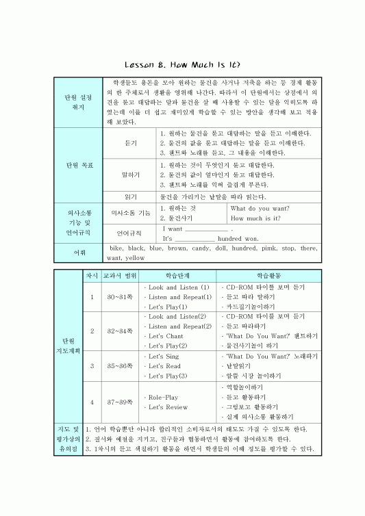 4학년 8단원 영어지도안