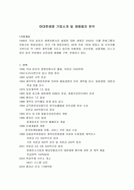대한생명 기업분석 및 채용절차 분석