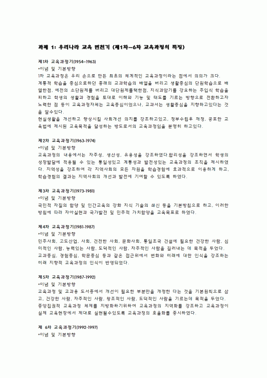 우리나라 교육과정의 변천 특징 과 문제점 및 해결방안