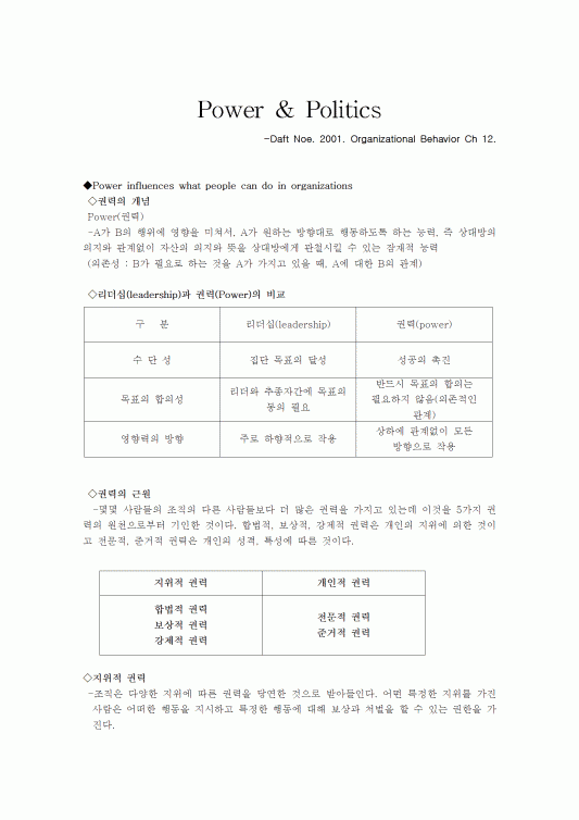 Daft Noe. 2001. Organizational Behavior - 12장 권력과 정치