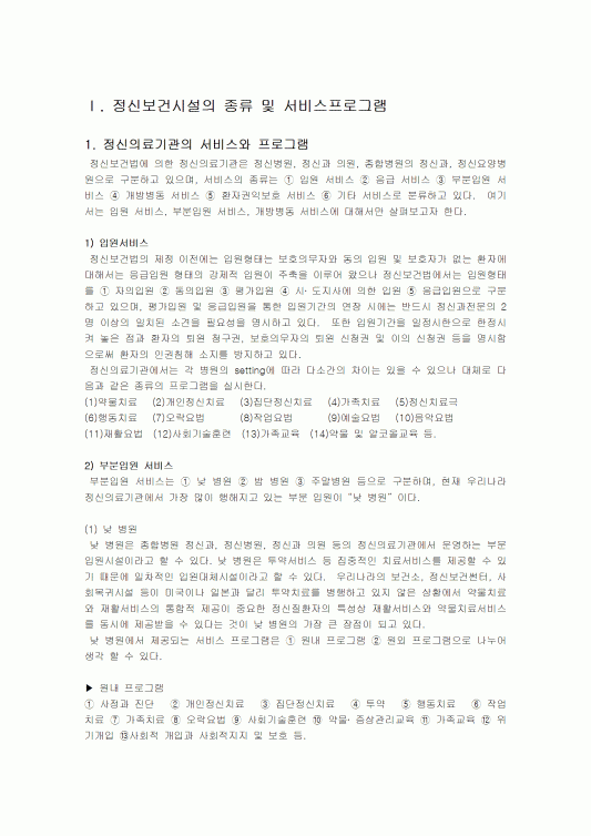 정신보건시설의 종류 및 서비스프로그램