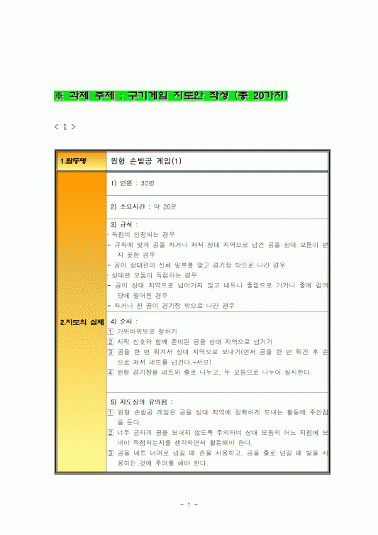 구기가 포함된 체육 지도안 (20개 항목