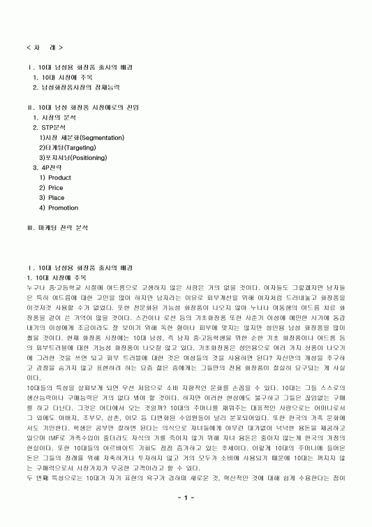 마케팅 사례- 10대 남성화장품 신상품 전략