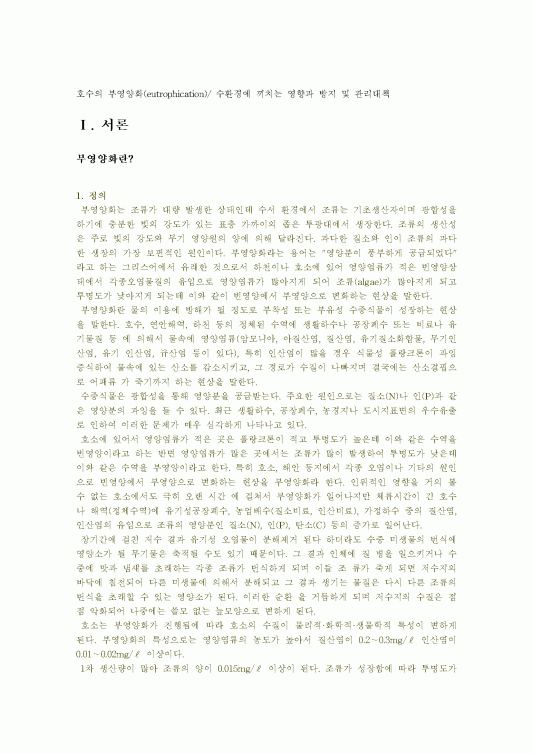 호수의부영양화가수환경에끼치는영향과방지및관리대책