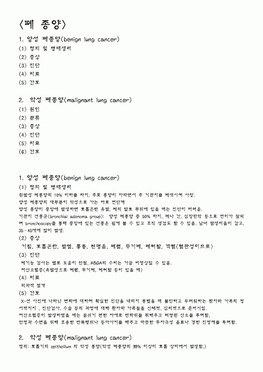 양성 폐종양(benign lung cancer)과 악성 폐종양(malignant lung cancer)