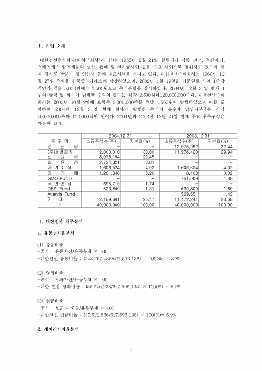 [사회과학] 대한전선 재무분석