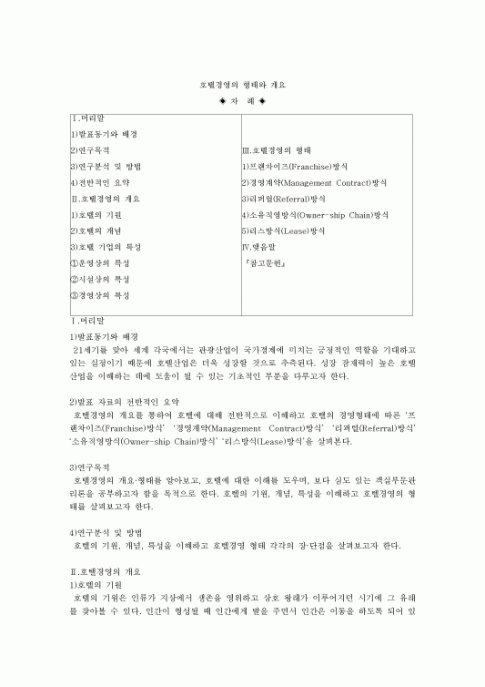 호텔경영의 형태와 개요