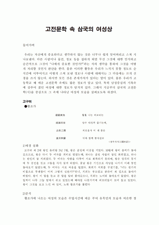 고전문학속에서 삼국여성사