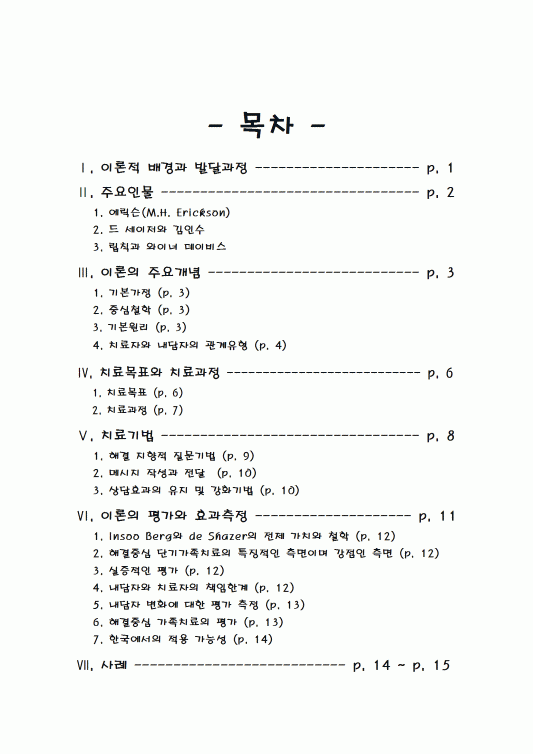 해결중심적 가족치료 이론적 배경과 발달과정 이론의 주요개념 치료자와 내담자의 관계유형 치료기법 치료목표와 치료과정